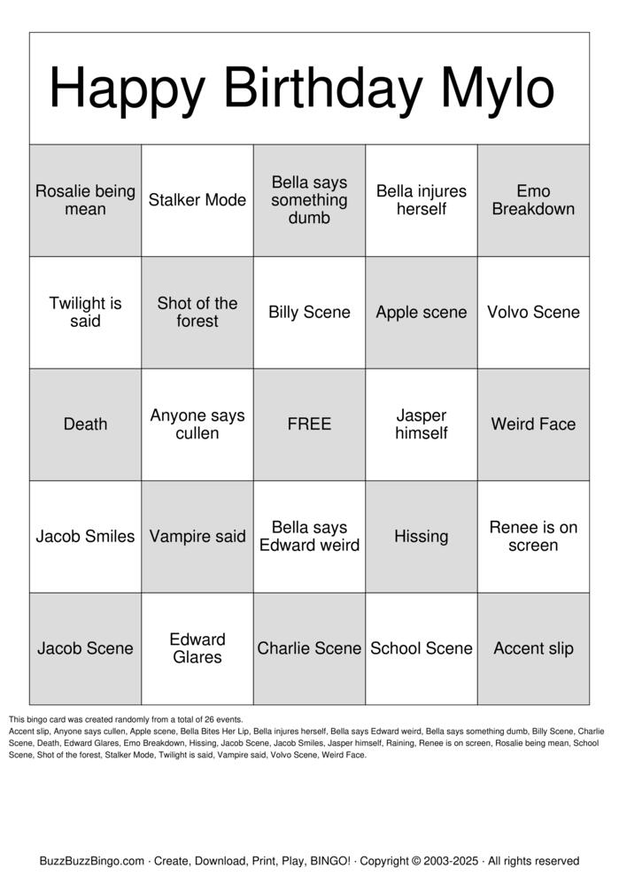 TWILIGHT BINGO Bingo Cards to Download, Print and Customize!