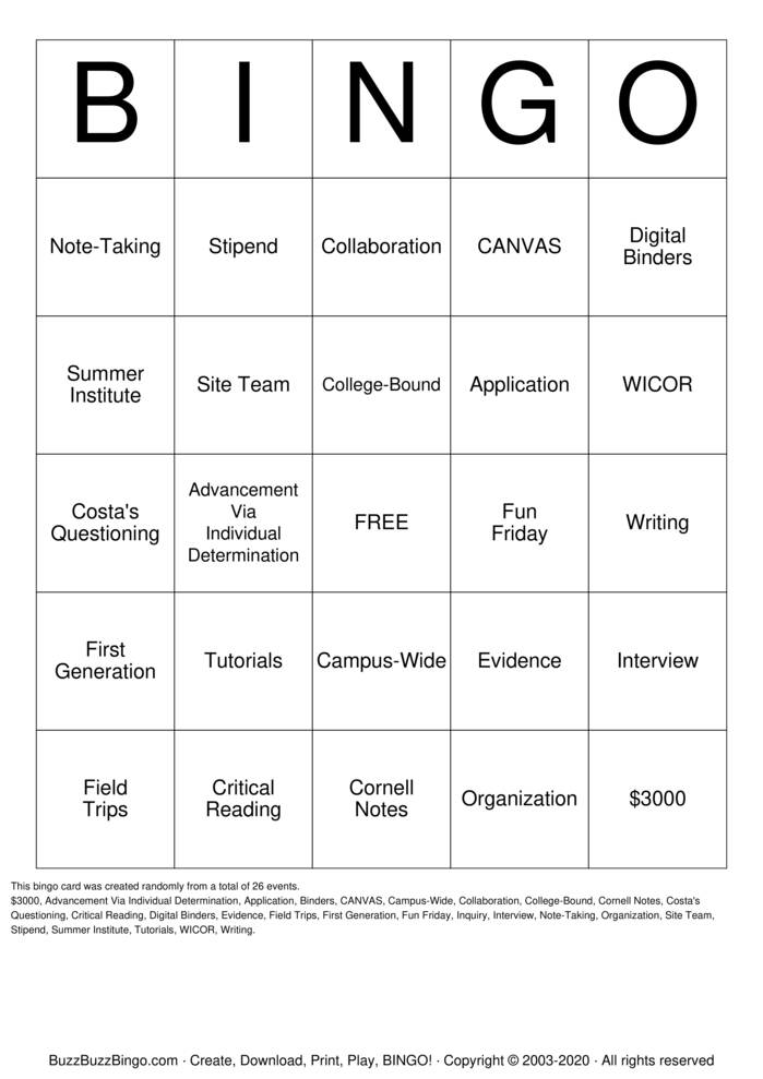 AVID Bingo Bingo Cards to Download, Print and Customize!