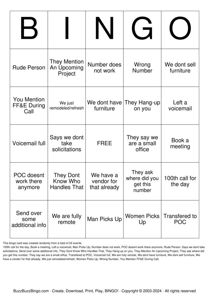 Cold Call Blitz Bingo Cards to Download, Print and Customize!