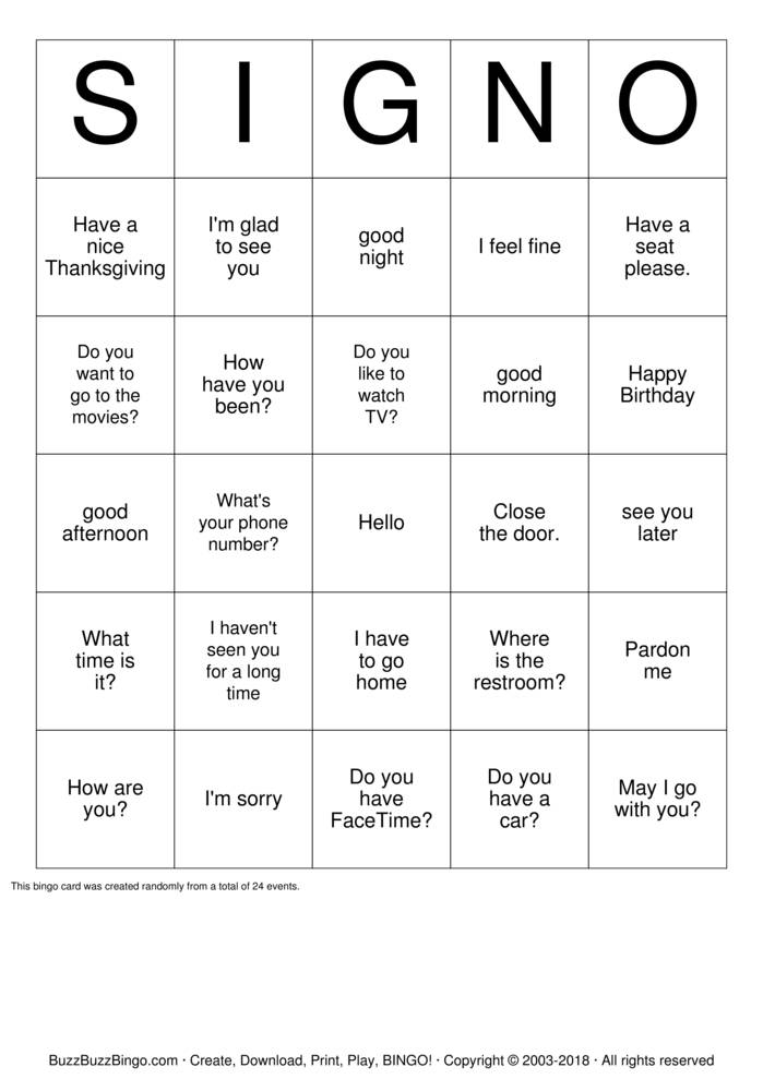 Sign Language Bingo Cards Printable