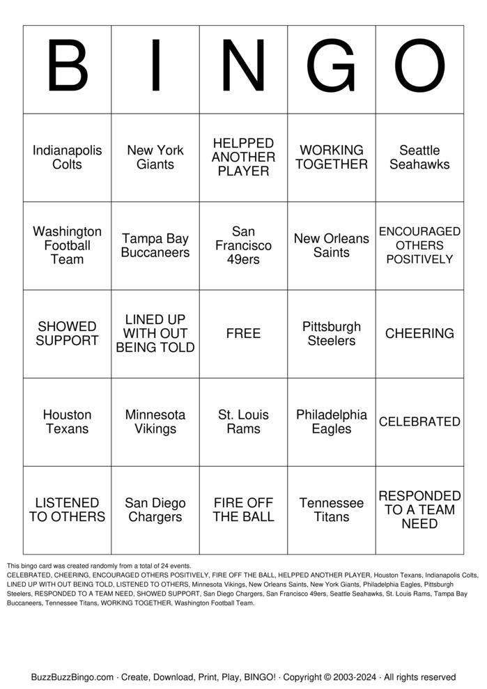 Football Team Names Bingo Cards to Download, Print and Customize!