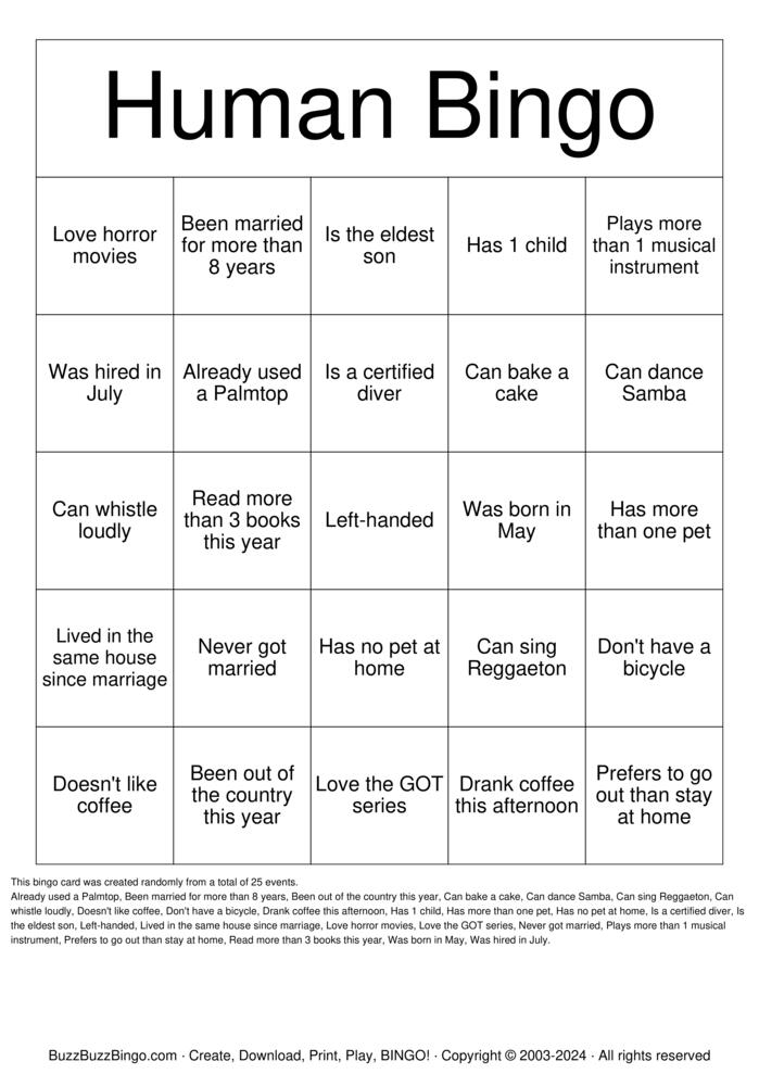 HUMAN BINGO Bingo Cards to Download, Print and Customize!