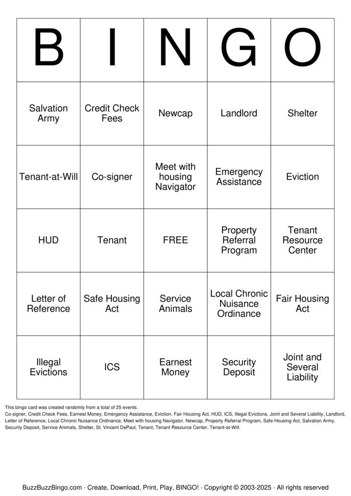 Housing Bingo Bingo Cards to Download, Print and Customize!