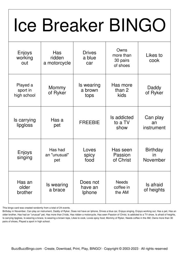 ICEBREAKER BINGO Bingo Cards to Download, Print and Customize!
