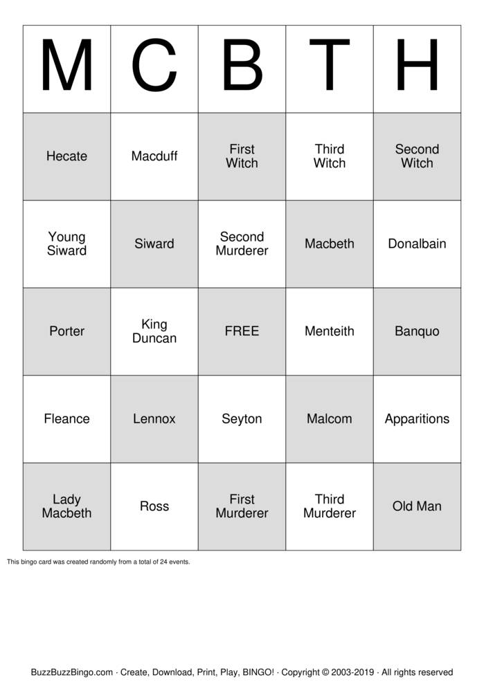 MacBeth Bingo Cards to Download, Print and Customize!