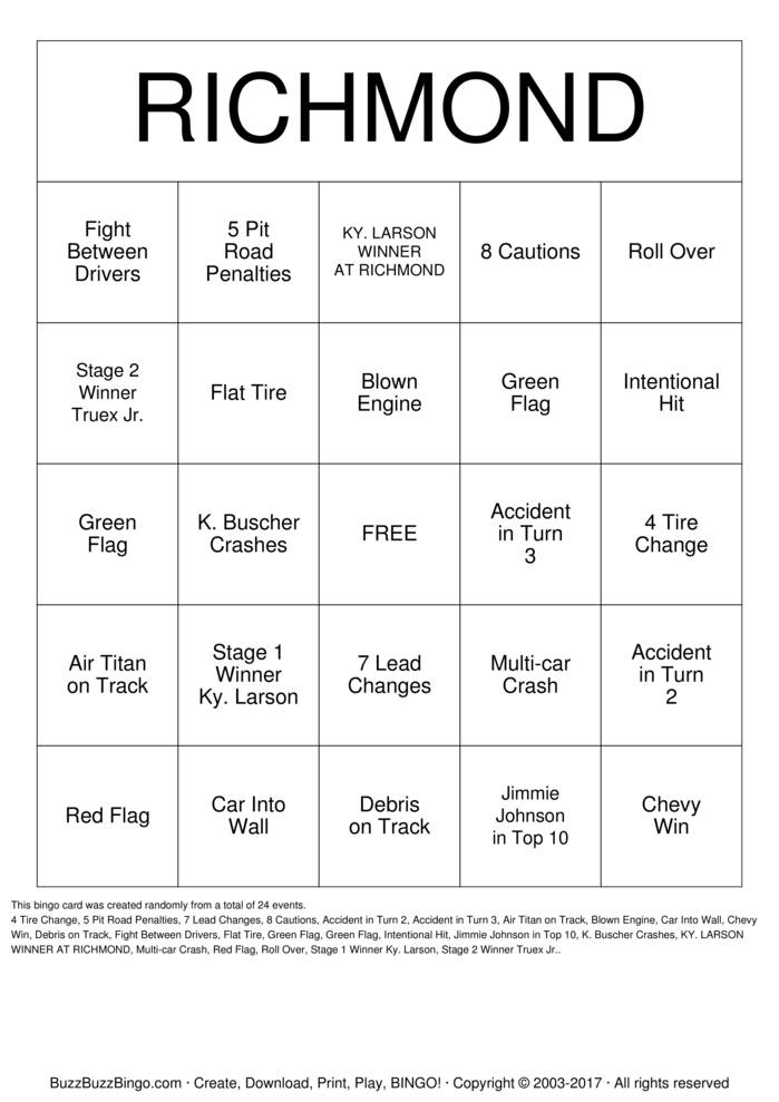 NASCAR Bingo Cards to Download, Print and Customize!