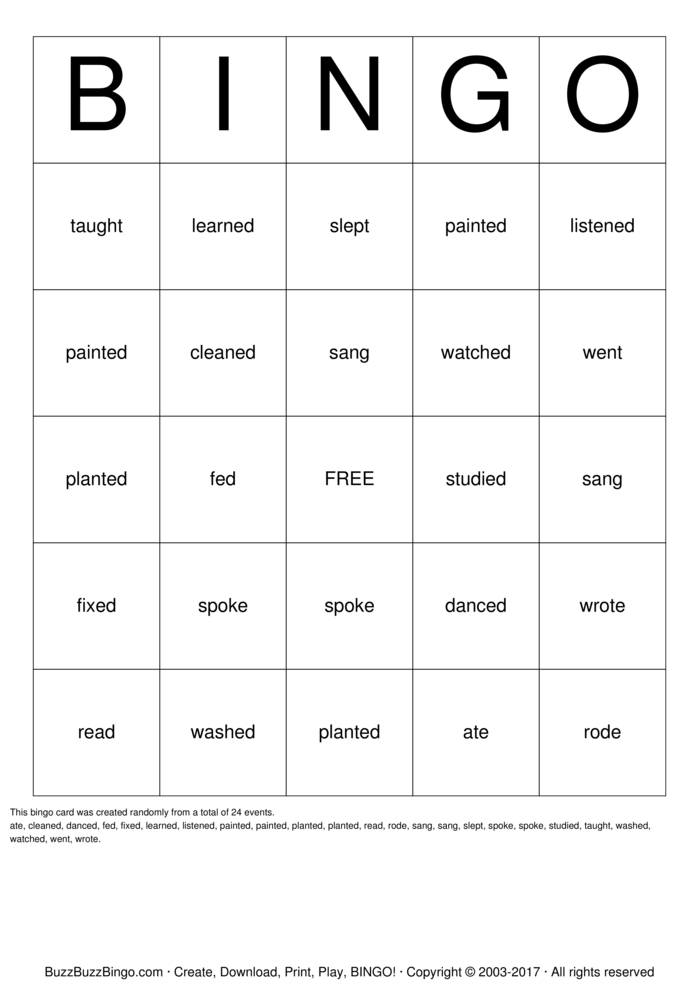 Past Tense Verbs Bingo Cards to Download, Print and Customize!