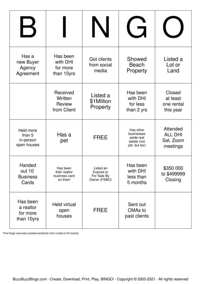 REALTOR BINGO Bingo Cards to Download, Print and Customize!