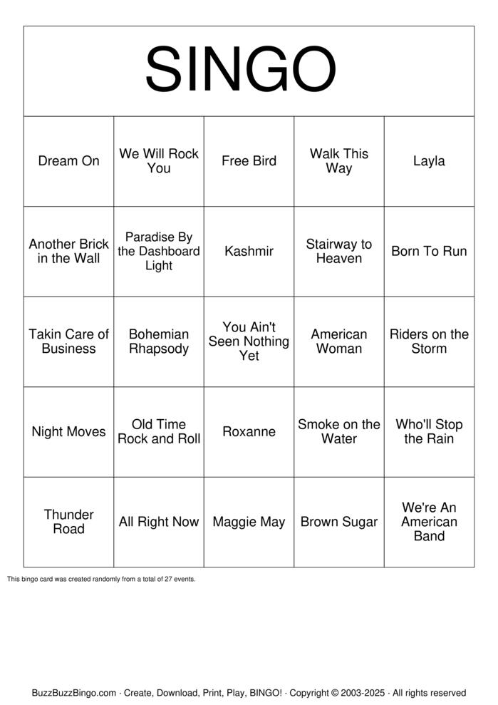 Rock Songs Bingo Cards to Download, Print and Customize!