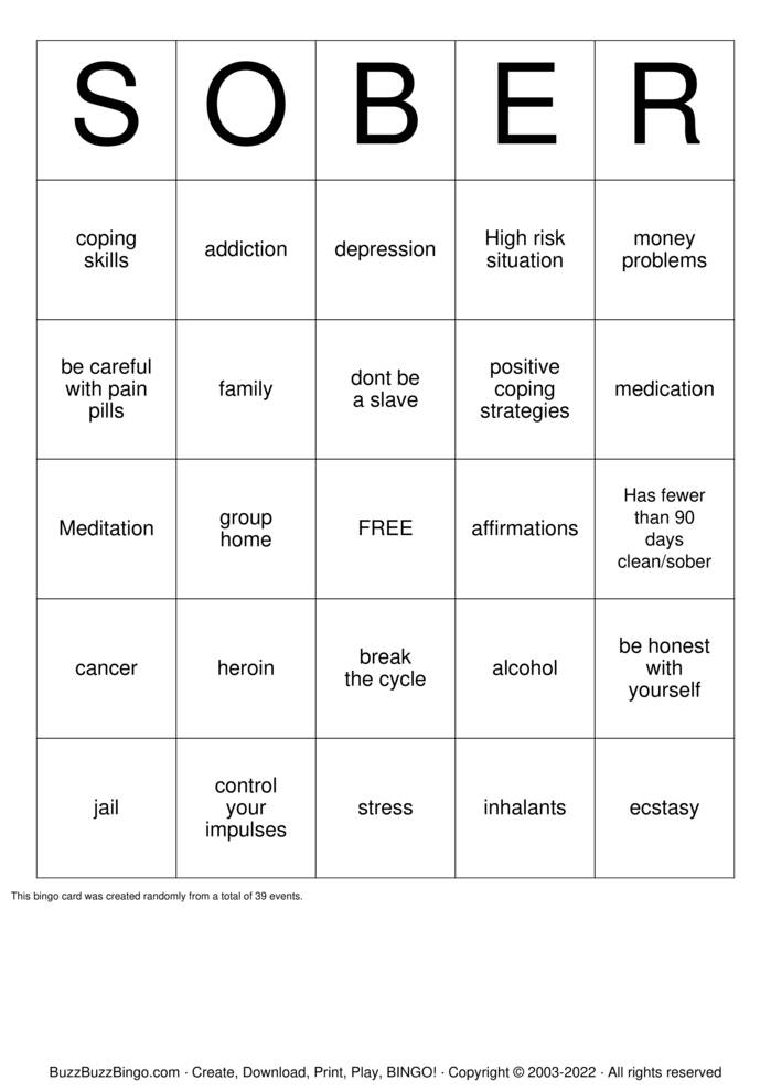 SOBER Bingo Cards to Download, Print and Customize!