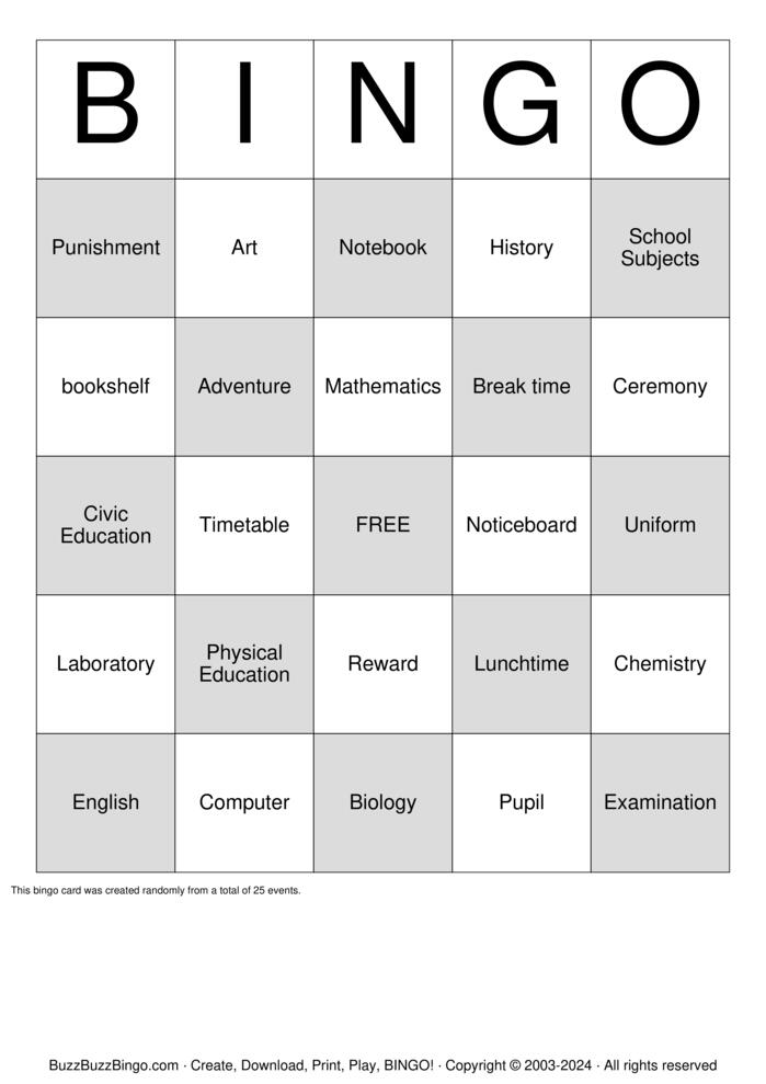 School & Subject Vocabulary Bingo Cards to Download, Print and Customize!