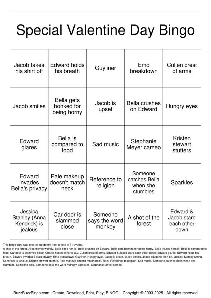 TWILIGHT BINGO Bingo Cards to Download, Print and Customize!