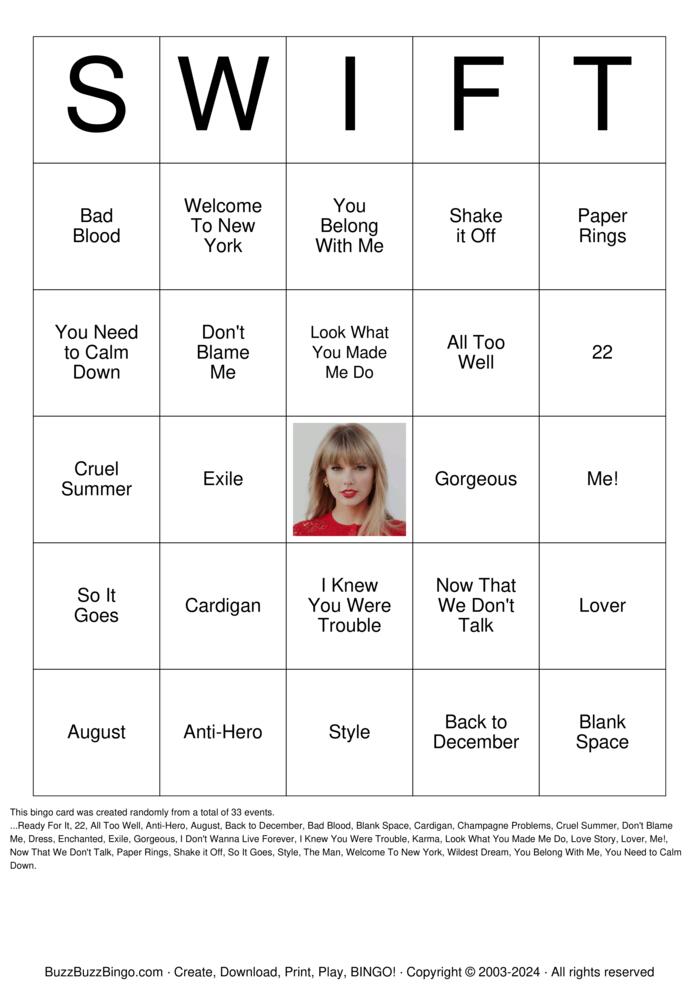Taylor Swift Songs Bingo Cards to Download, Print and Customize!