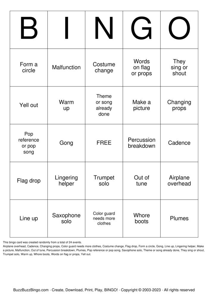 marching band Bingo Cards to Download, Print and Customize!