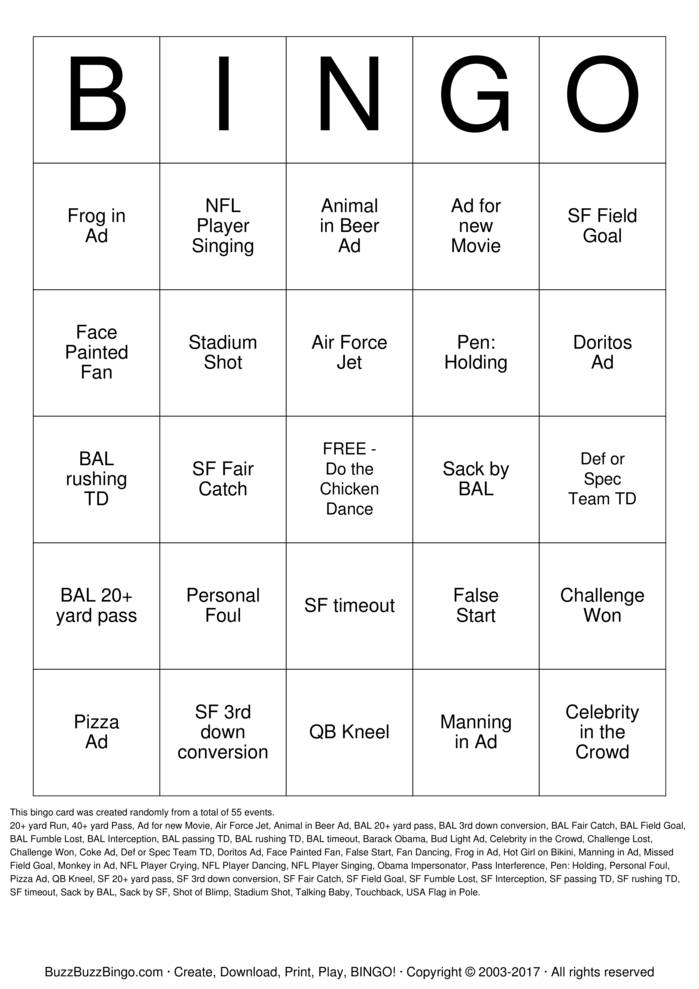 2013 Superbowl BAL vs SF Bingo Cards to Download, Print and Customize!