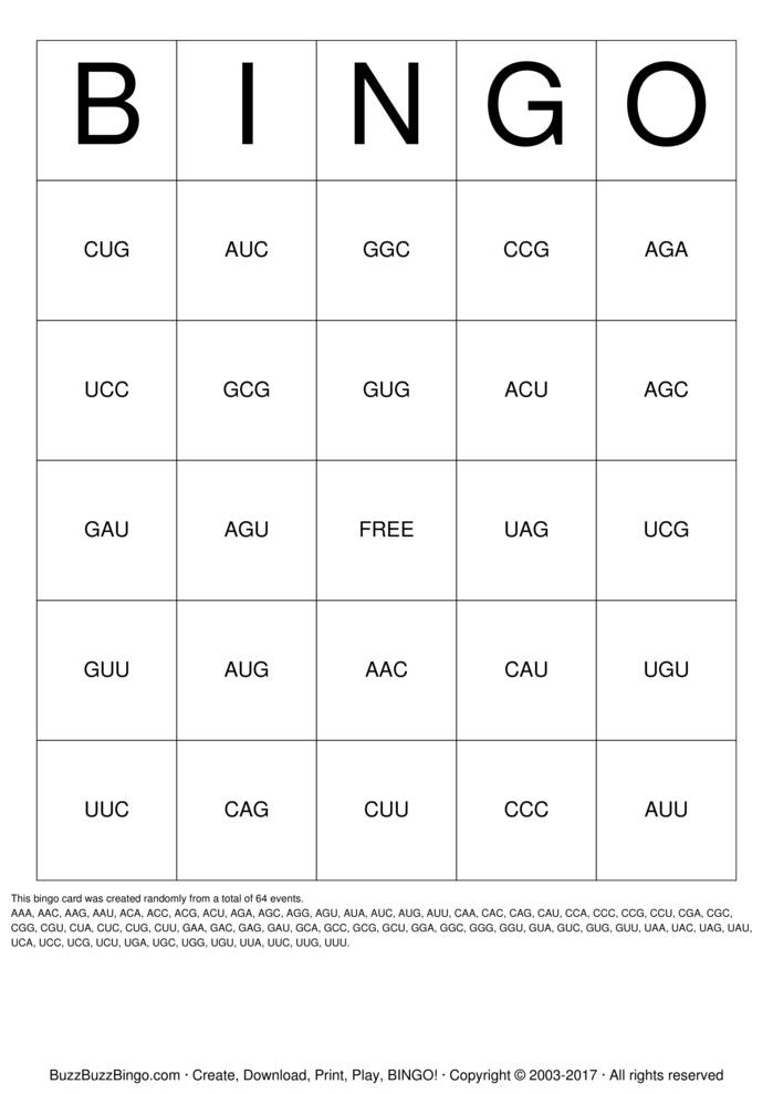 CODON BINGO Bingo Cards to Download, Print and Customize!