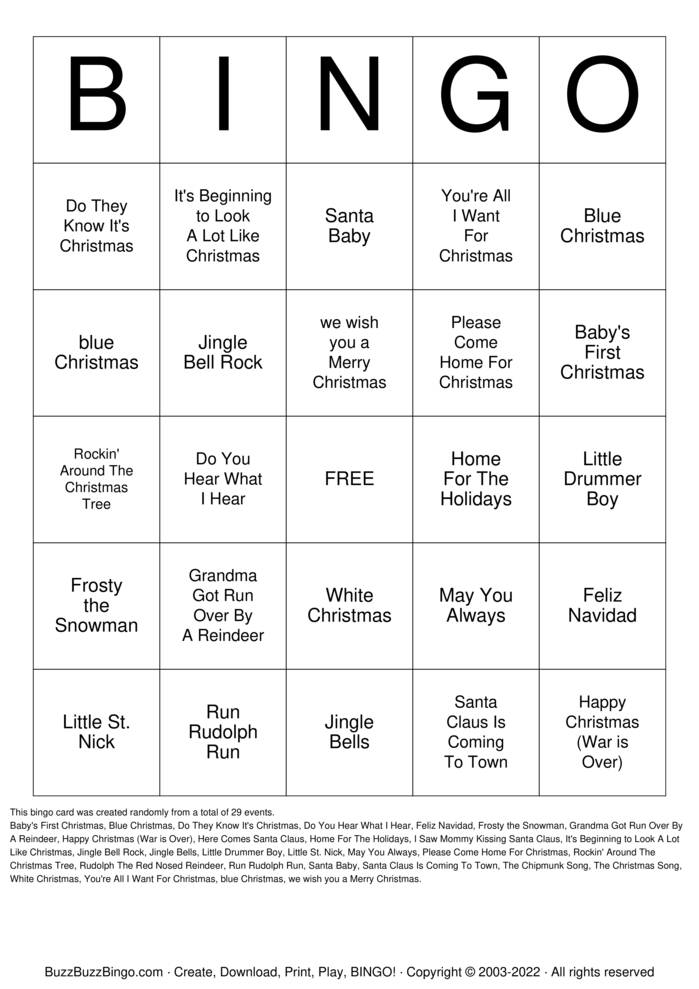 Christmas Songs Bingo Cards to Download, Print and Customize!