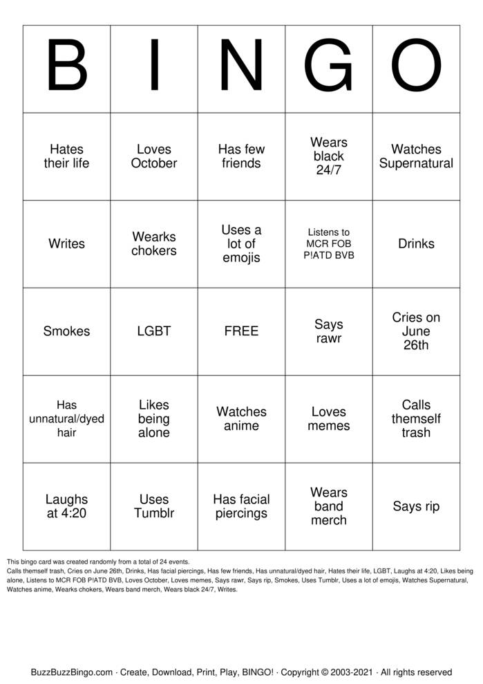 Emo Bingo Bingo Cards to Download, Print and Customize!