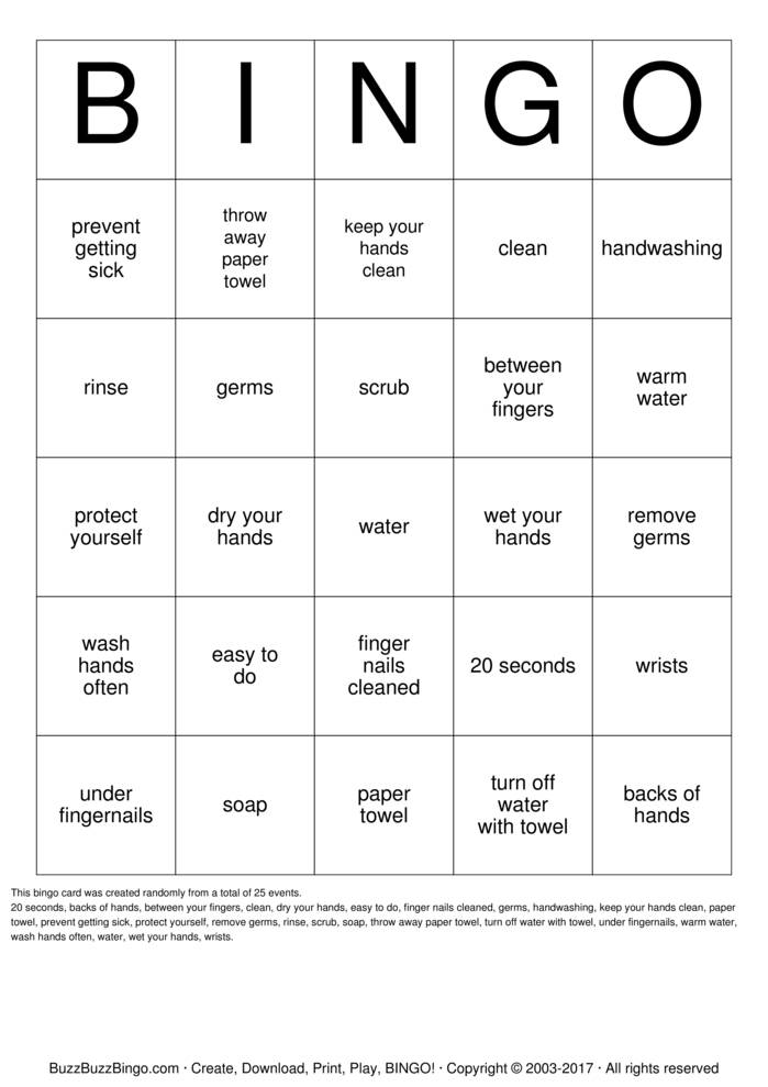 Handwashing Bingo Cards to Download, Print and Customize!