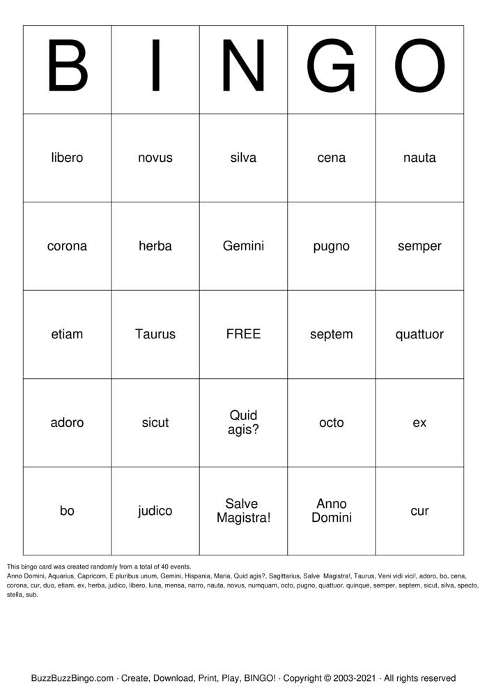Latin Bingo Cards to Download, Print and Customize!