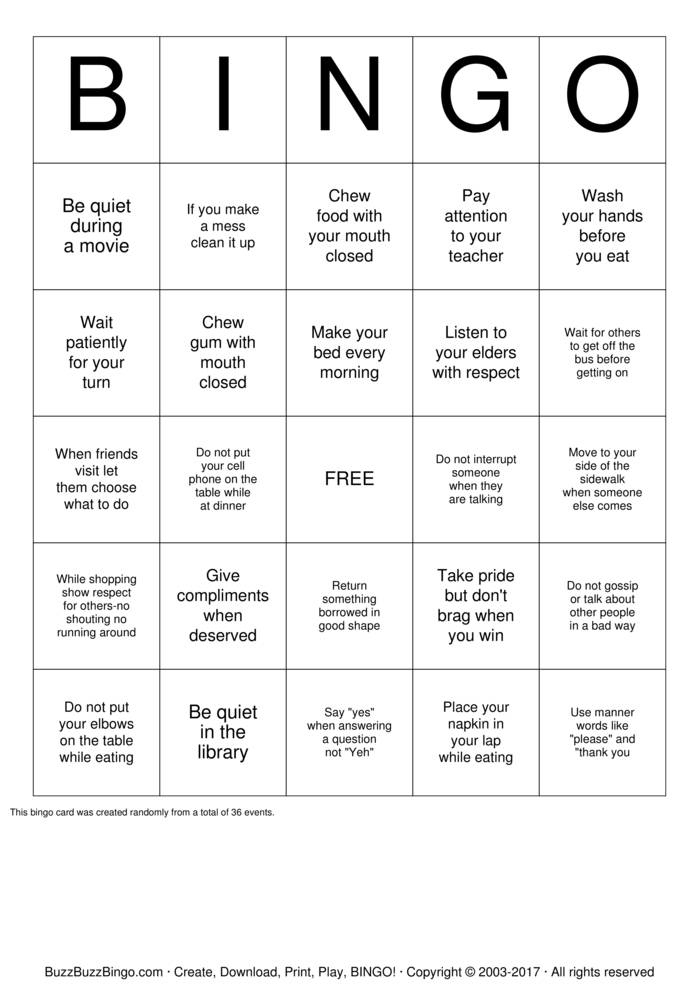 Manners Bingo Cards to Download, Print and Customize!