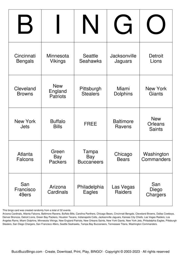 NFL Mascot Bingo Cards to Download, Print and Customize!