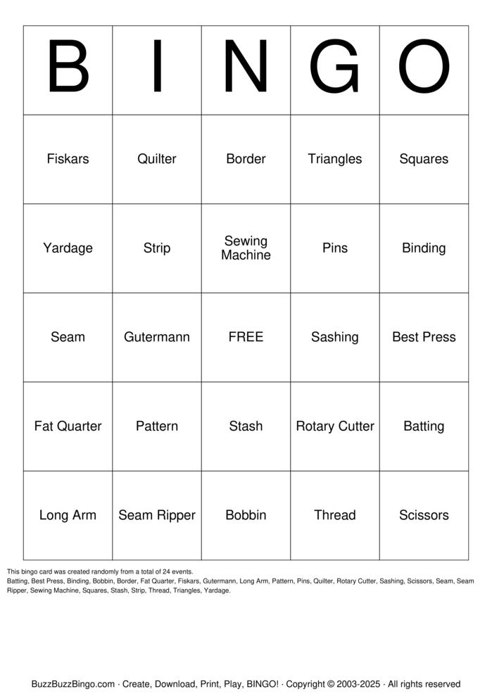 QUILT Bingo Cards to Download, Print and Customize!