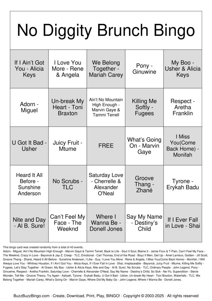 R&B Brunch Classics Bingo Cards to Download, Print and Customize!