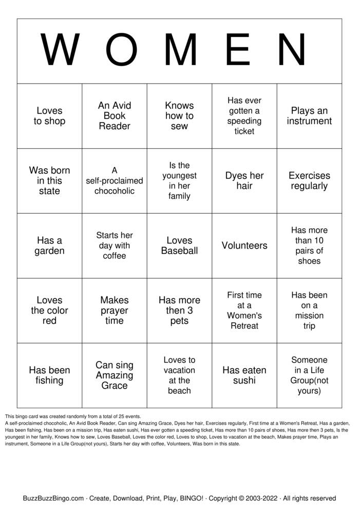 W O M E N Bingo Cards to Download, Print and Customize!