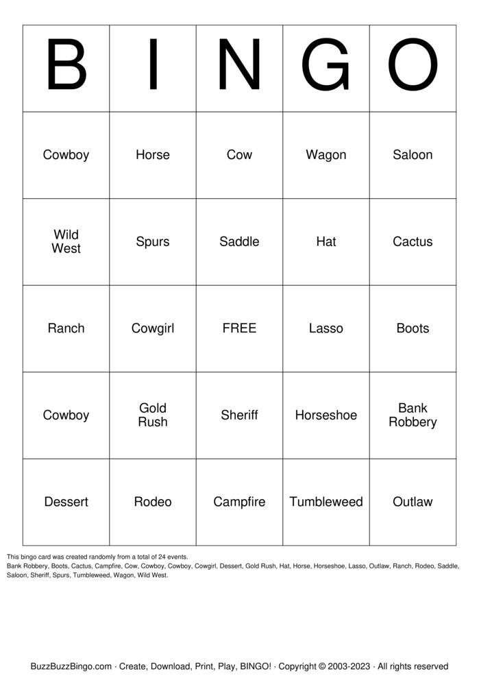 Western Bingo Cards to Download, Print and Customize!