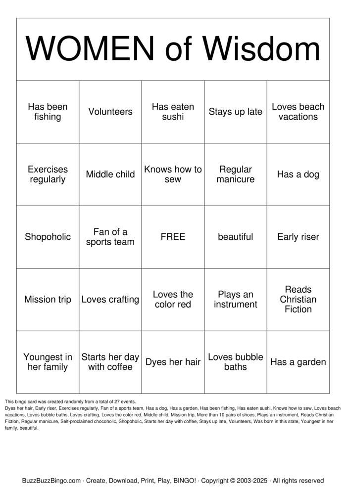 Women of Wisdom Bingo Bingo Cards to Download, Print and Customize!