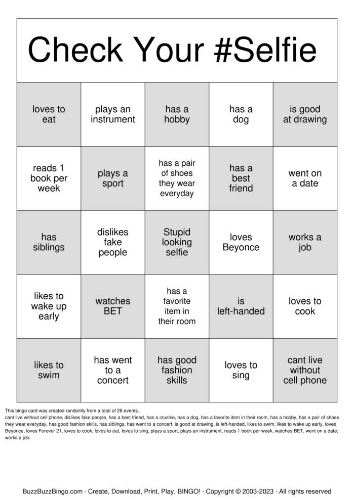 selfie Bingo Cards to Download, Print and Customize!