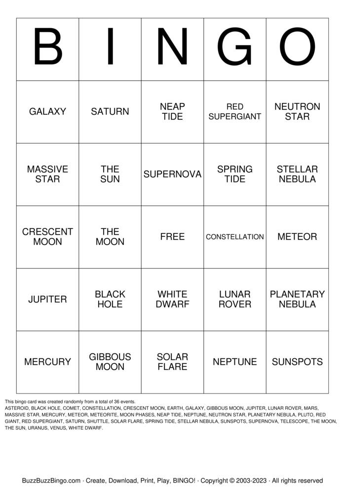 Astronomy Bingo Cards to Download, Print and Customize!