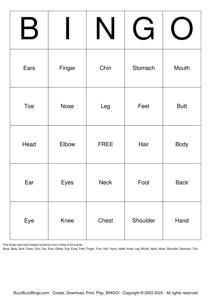 Body Parts Bingo Cards to Download, Print and Customize!