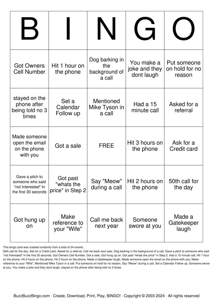 Cold Call Blitz Bingo Cards to Download, Print and Customize!