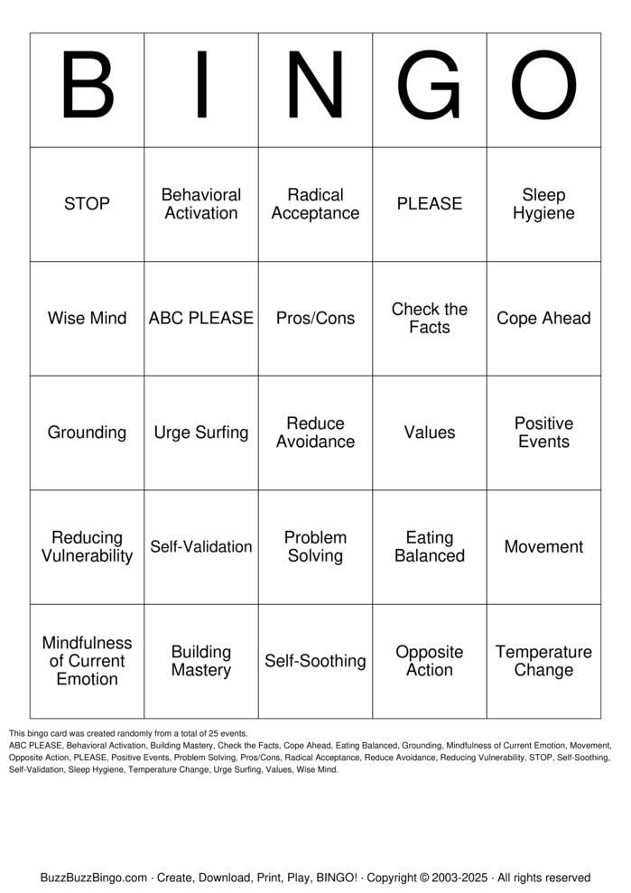DBT EMOTION REGULATION BINGO Bingo Cards to Download, Print and Customize!