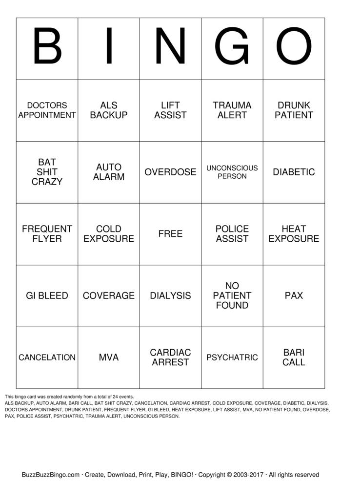 EMS Bingo Cards to Download, Print and Customize!