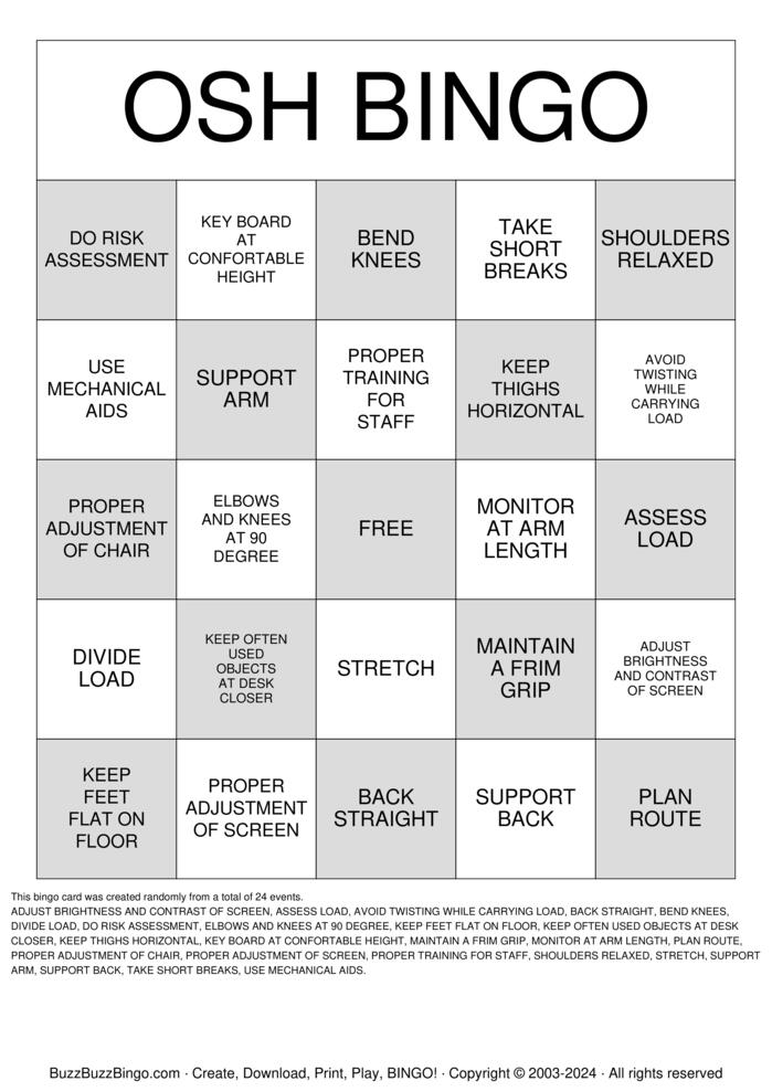 ERGONOMICS AND MANUAL HANDLING Bingo Cards to Download, Print and ...