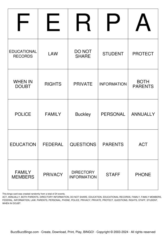 FERPA HIPAA Bingo Cards to Download, Print and Customize!
