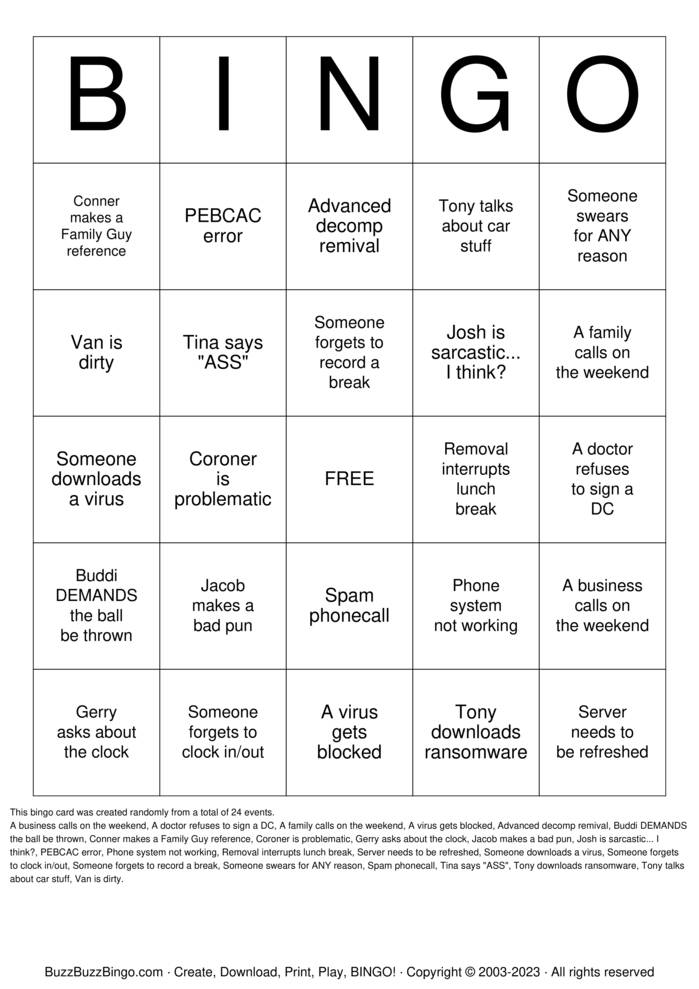 Funeral home Bingo extravaganza!!! Bingo Cards to Download, Print and ...