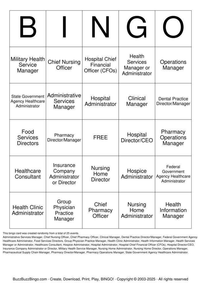 Health Care Administration Careers Bingo Cards to Download, Print and ...