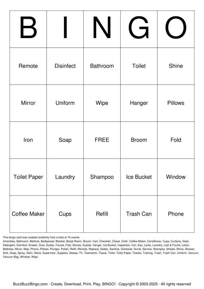 Housekeeping Bingo Cards to Download, Print and Customize!