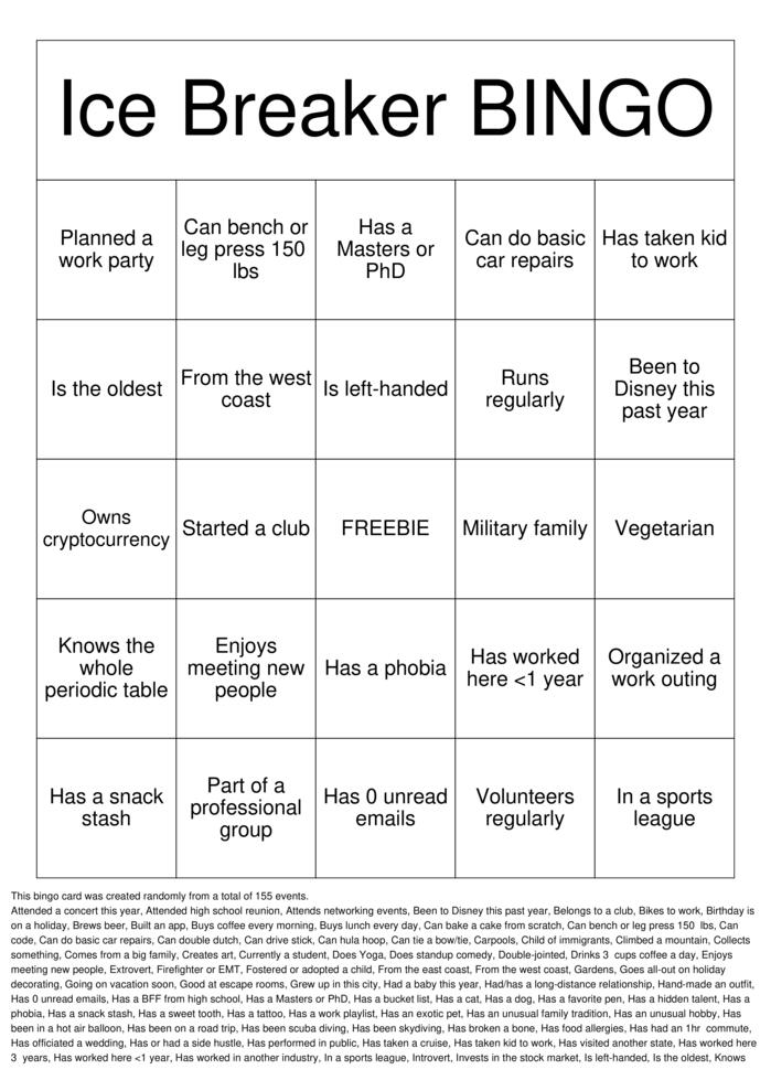 ICEBREAKER BINGO Bingo Cards to Download, Print and Customize!