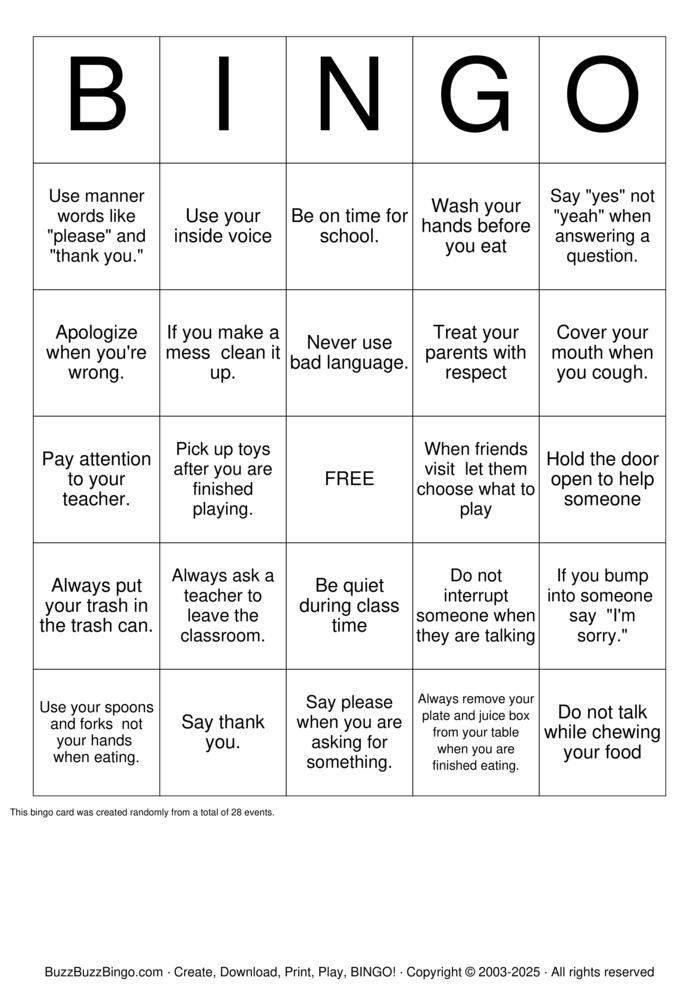 Manners Bingo Cards to Download, Print and Customize!