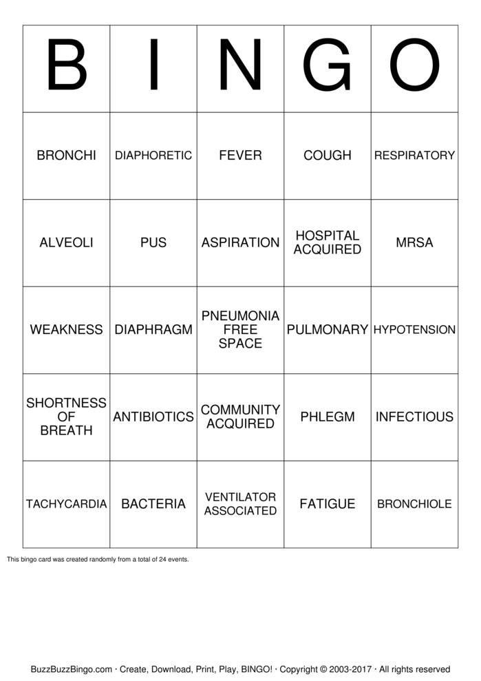 PNEUMONIA BINGO Bingo Cards to Download, Print and Customize!