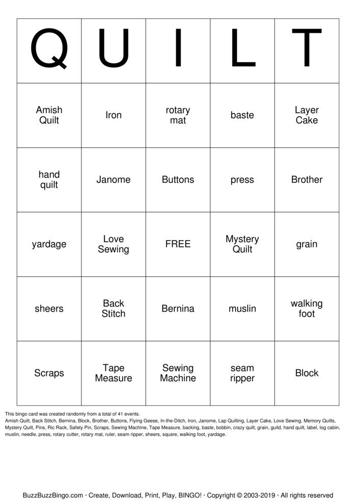 QUILT Bingo Cards to Download, Print and Customize!