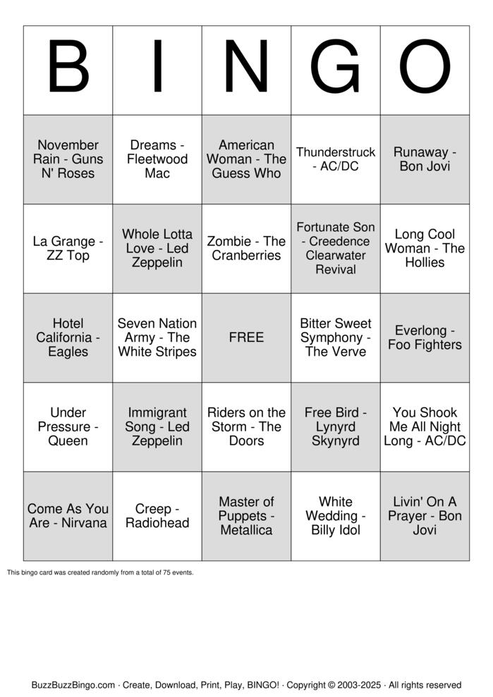 Rock Classics Music Bingo Cards to Download, Print and Customize!