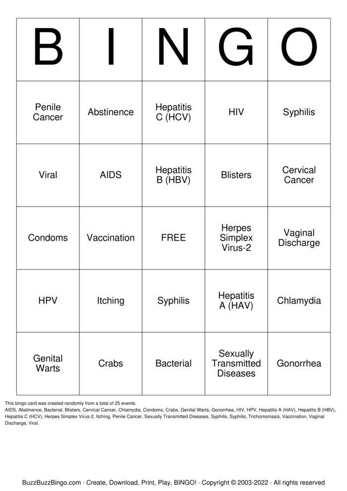 STD review Bingo Cards to Download, Print and Customize!