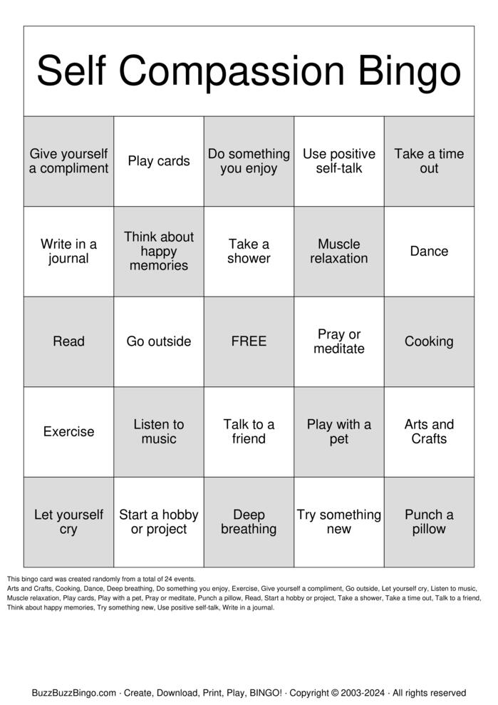 Self-Compassion Bingo Bingo Cards to Download, Print and Customize!