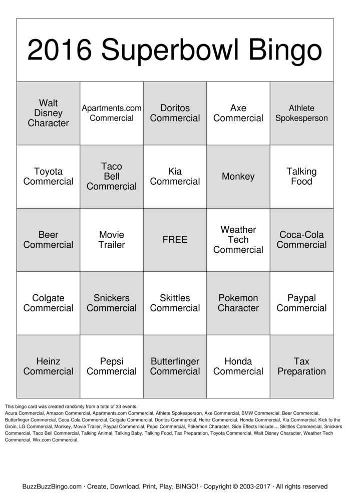 Superbowl Commercials Bingo Cards to Download, Print and Customize!